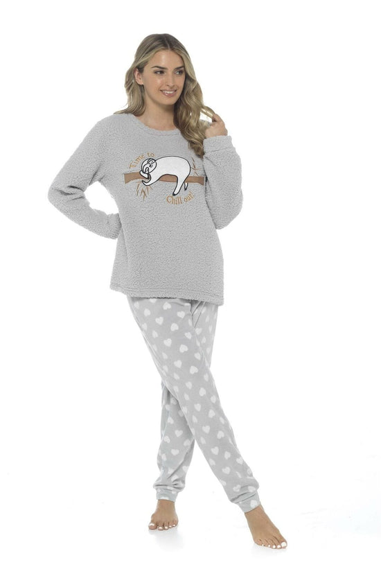 Women's Cosy Sloth Teddy Fleece Pyjama Set Plush Warm Nightwear with A ...